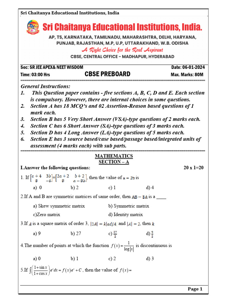 Cbse SR Jee Apex & Neet Wisdom Maths Preboard QP | PDF | Linear Algebra ...