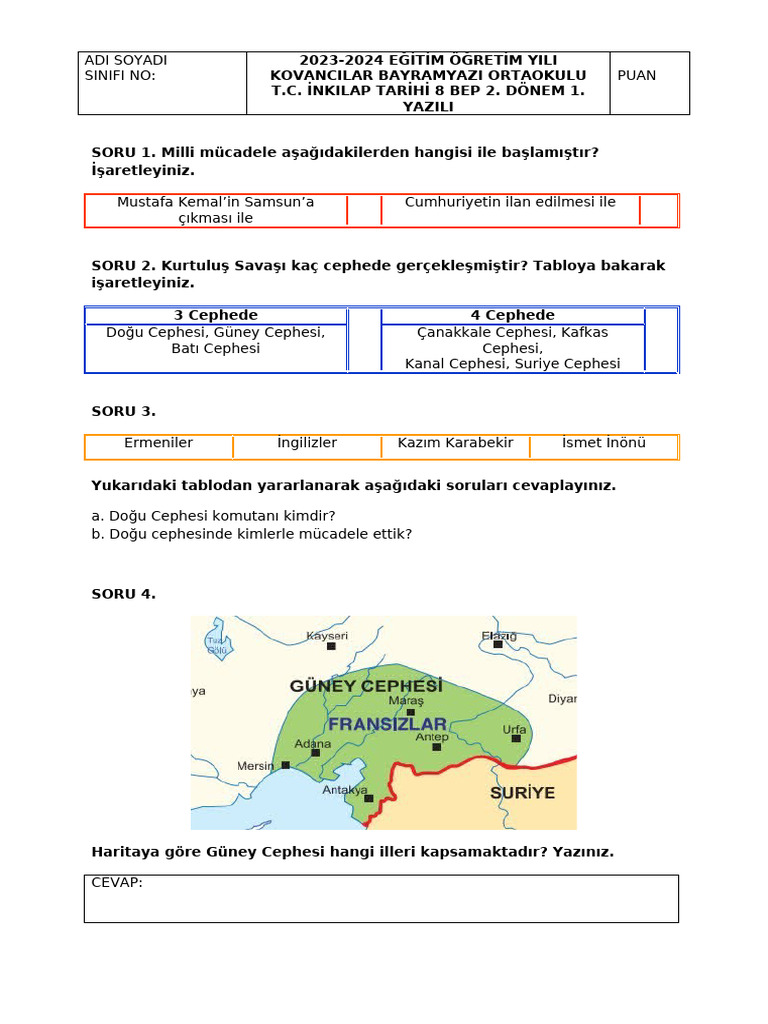 2023 2024 8. Sinif T.C. Inkilap Tarihi 2. Donem 1. Bep Yazili | PDF