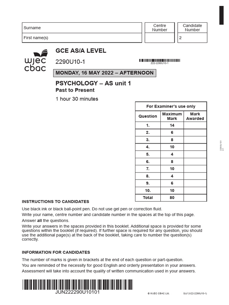 June 2022 QP - Unit 1 WJEC Psychology AS-level | PDF | Psychology | Behavioural Sciences