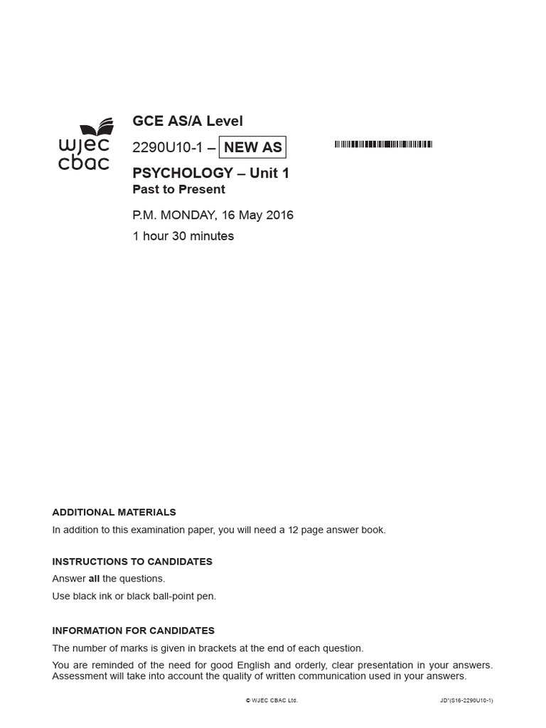 June 2016 QP - Unit 1 WJEC Psychology A-Level | PDF | Rational Emotive ...