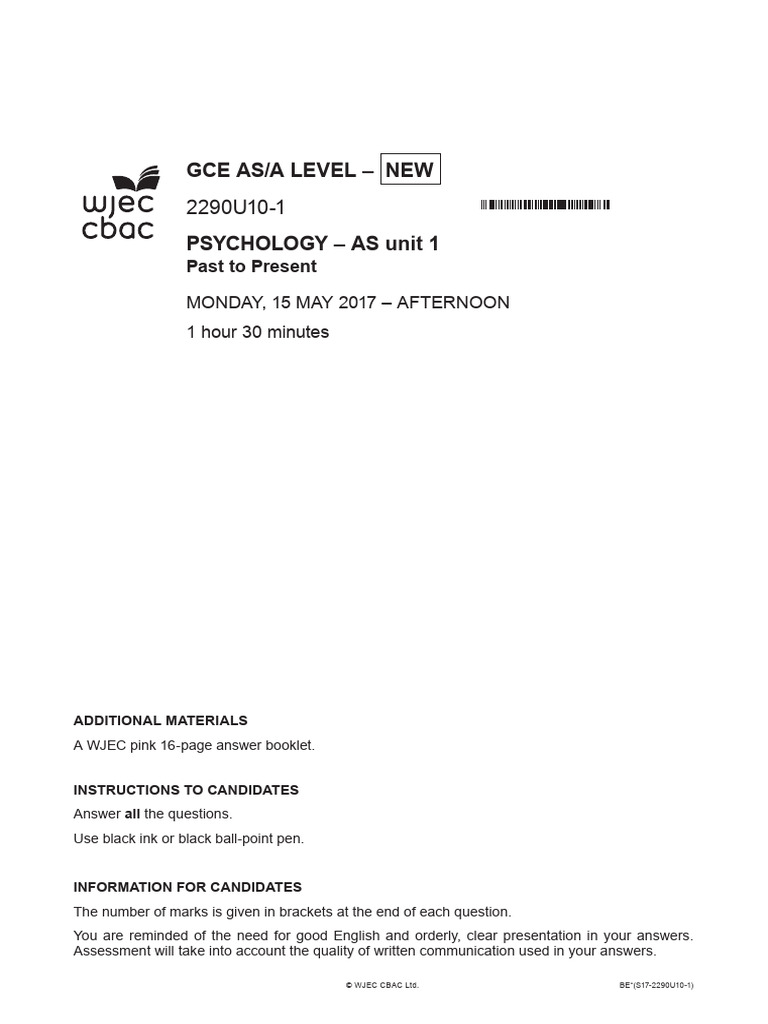 June 2017 QP - Unit 1 WJEC Psychology A-level | PDF | Psychology ...