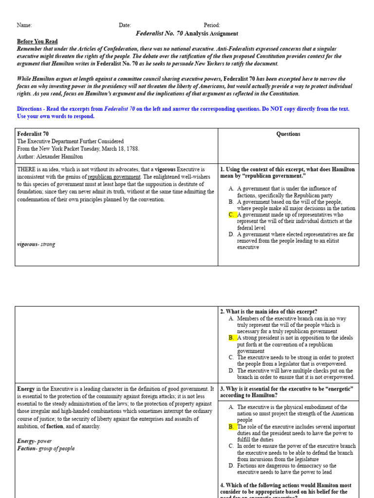 Federalist 70 Assignment | PDF | Politics Of The United States ...