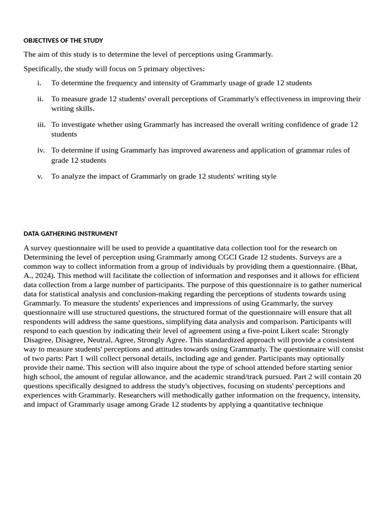 Objectives of The Study - Instrument 1 | PDF | Questionnaire | Survey Methodology