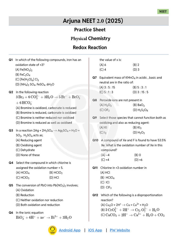 Redox Reactions - Practice Sheet - Arjuna NEET 2.0 2025 | PDF | Redox | Chemical Substances