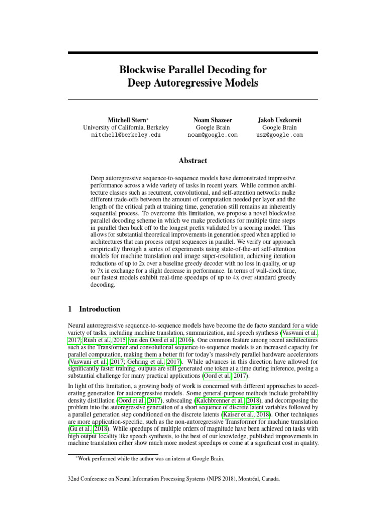 Blockwise Parallel Decoding For Deep Autoregressive Models | PDF | Learning | Computing