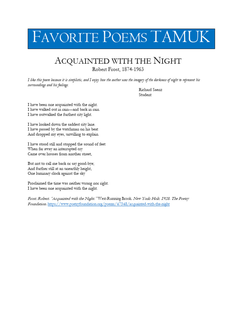 Acquainted With The Night by Robert Frost | PDF