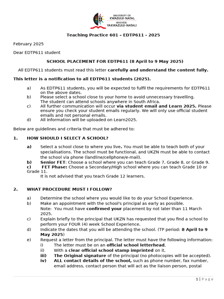 Self Placement For Teaching Practice For March 2025 Edtp 611 2025 | PDF