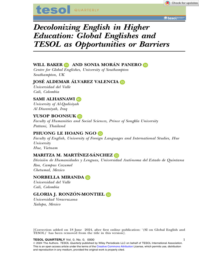 TESOL Quarterly - 2024 - Baker - Decolonizing English in Higher ...