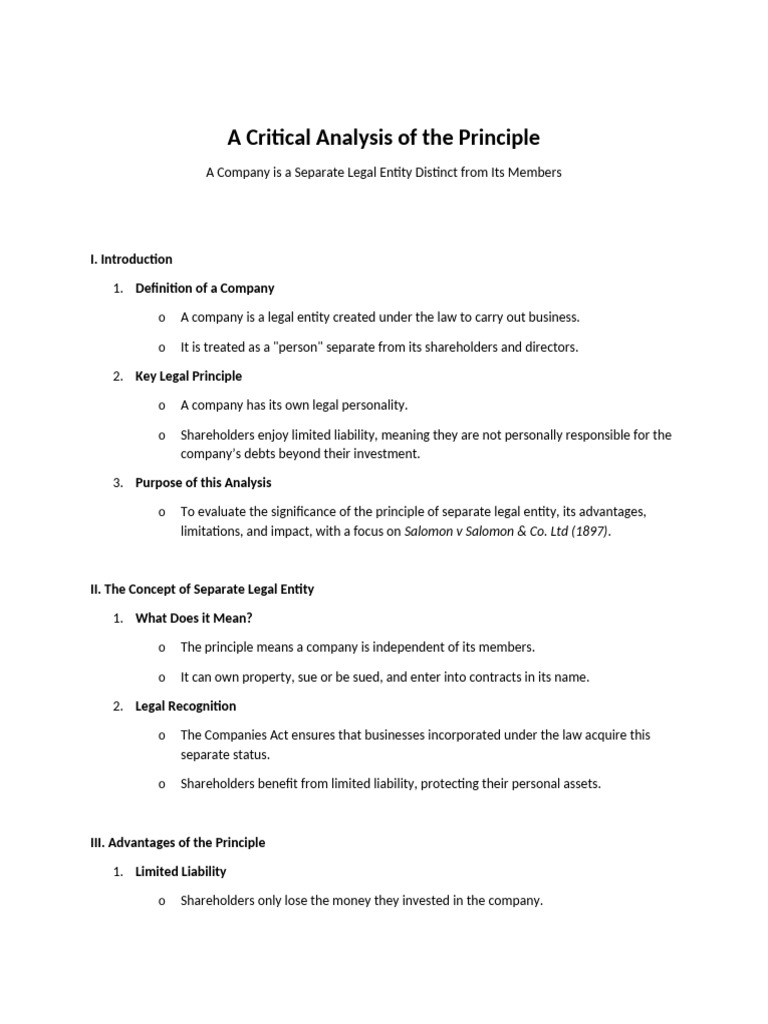 Analysis of Separate Legal Entity Principle | PDF | Limited Liability ...
