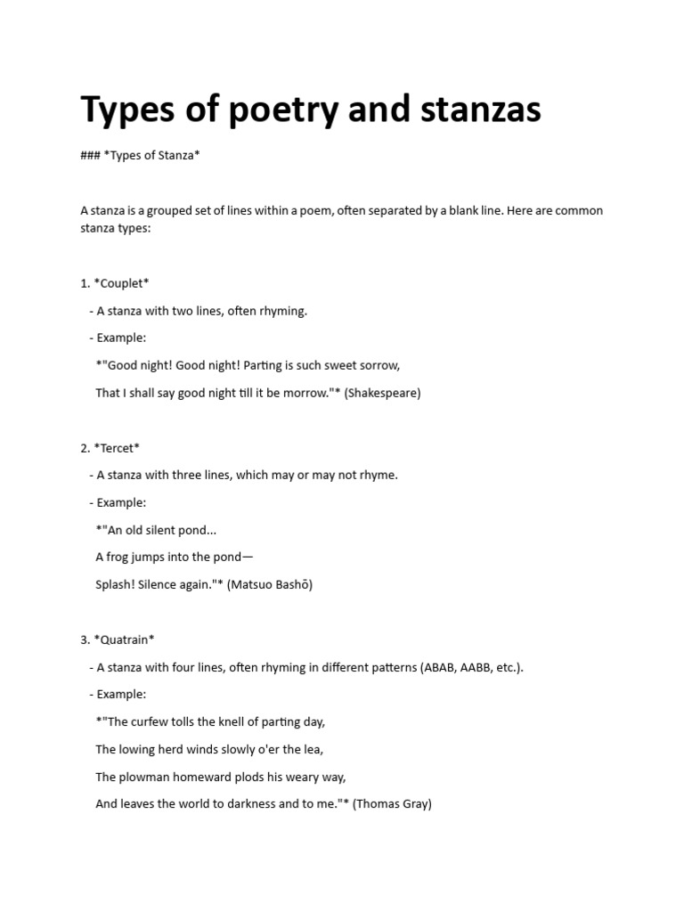 Types of Poetry and Stanzas | PDF | Poetry | Literary Theory