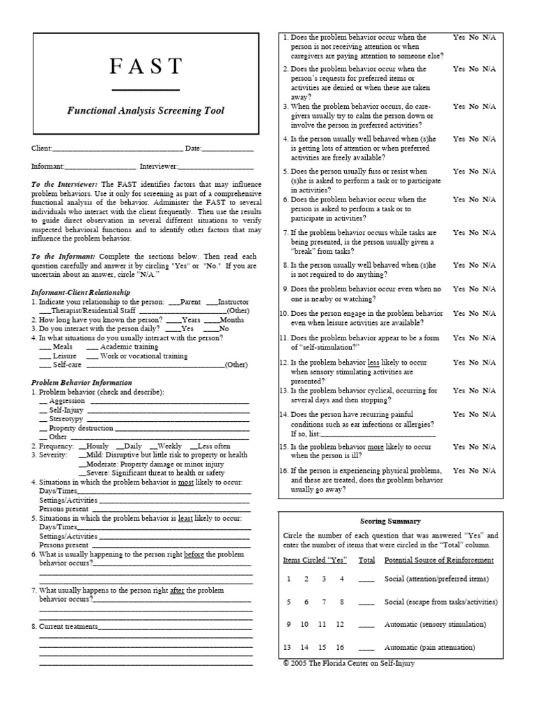(FAST) Functional Analysis Screening Tool | PDF | Behavior | Attention
