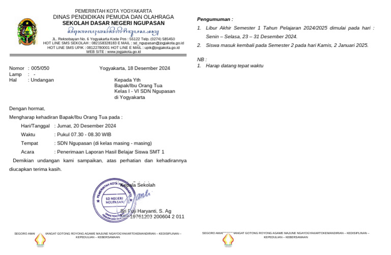 Undangan Penerimaan Rapot SMT 1 TA 2024-2025 | PDF