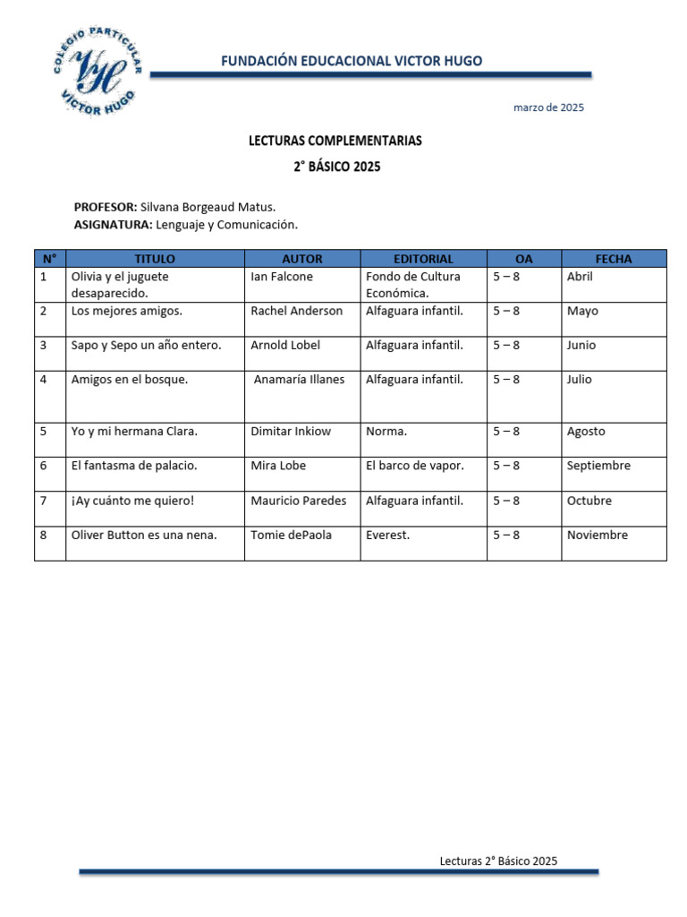 Lecturas 2° Básico 2025 | PDF