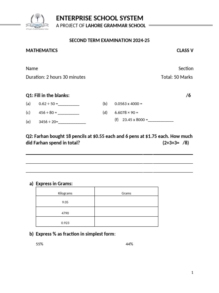 Mathematics Class 5 2nd Term 25 | PDF | Litre | Quantity