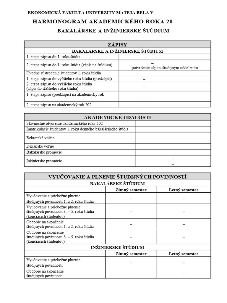 EF UMB Harmonogram AR 2024 2025 BC Ing Uprava | PDF