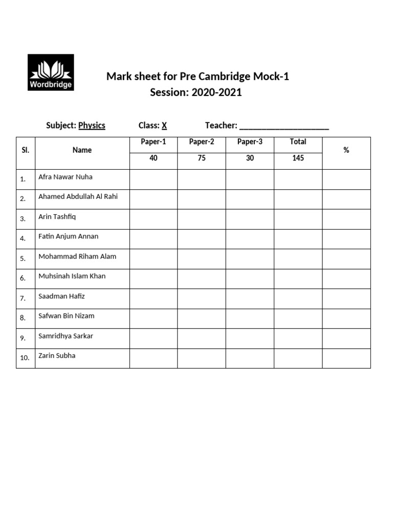 Physics X Marksheet For PCM-1 - 20-21 | PDF