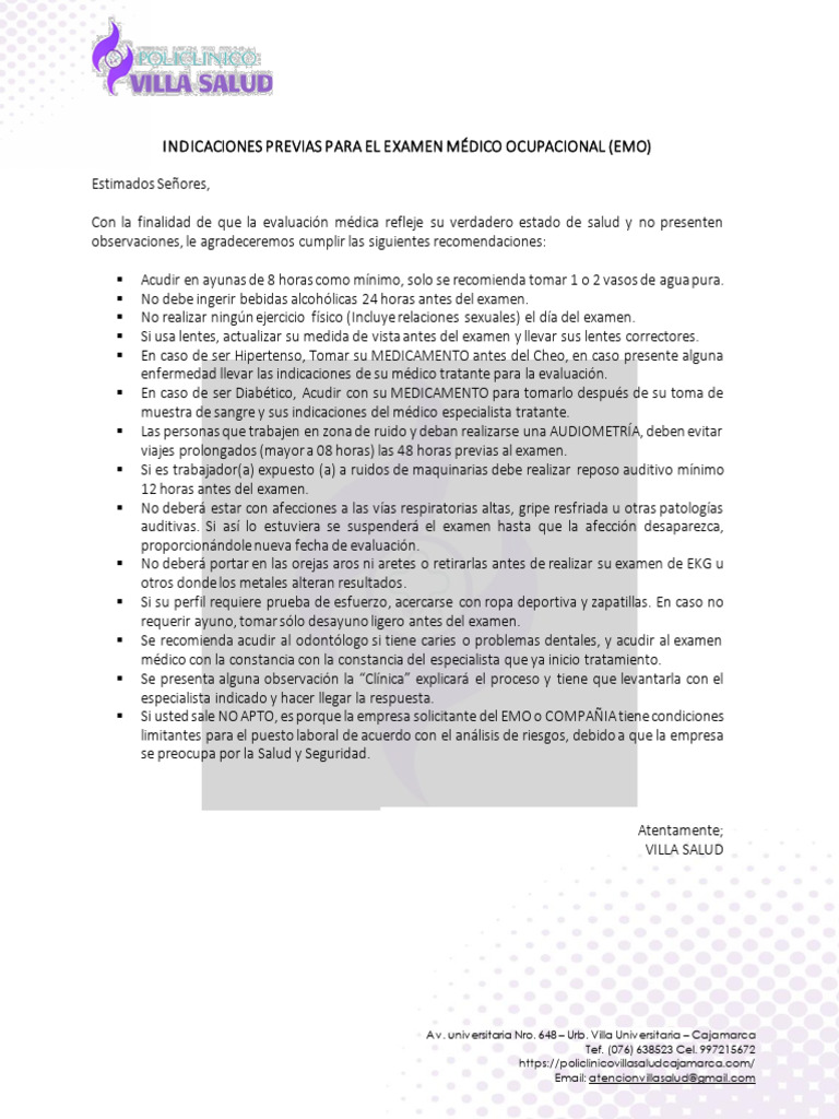 Recomendaciones para Examen Médico Ocupacional | PDF | Ciencias de la ...