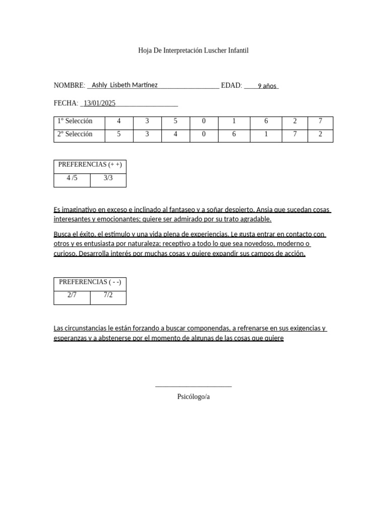 Hoja de Interpretación Luscher Infantil | PDF