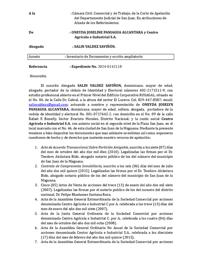 Deposito de Documentos y Escrito Ampliatorio Referimiento Oneyda Vs Homero A. | PDF | Justicia ...