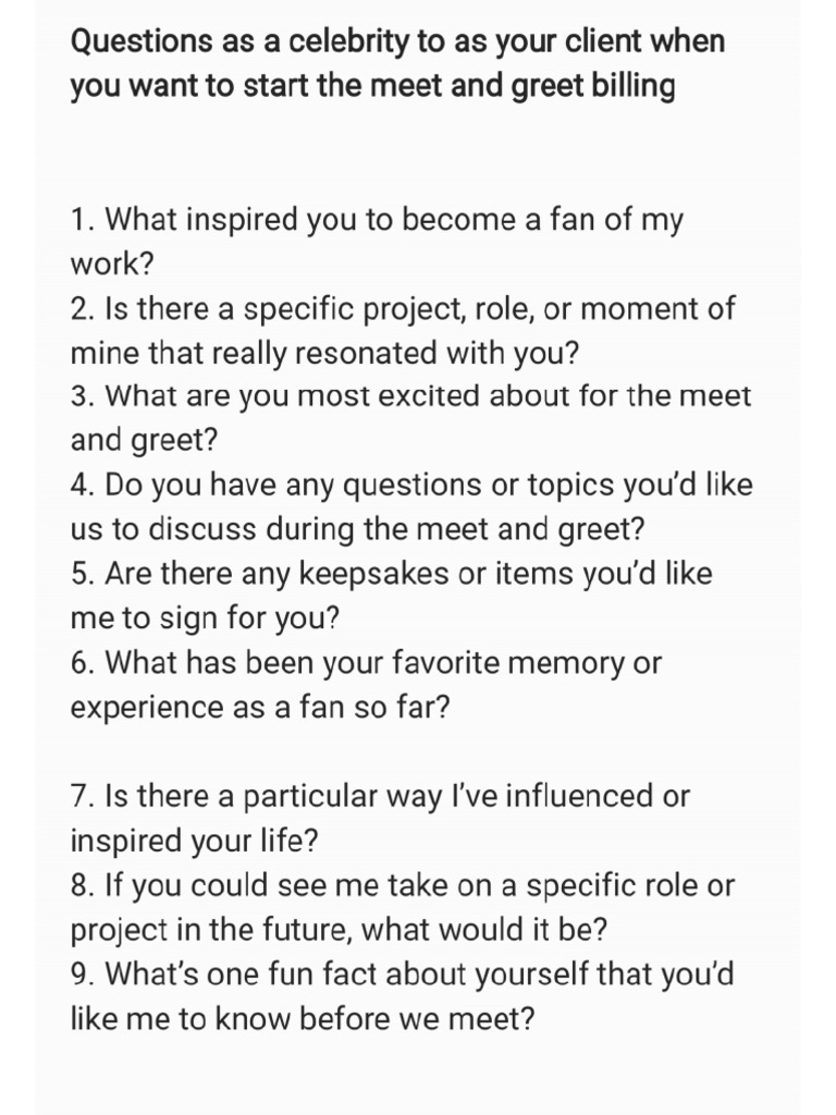 Questions For Celebrity Meet and Greet FMT (PSNT) | PDF