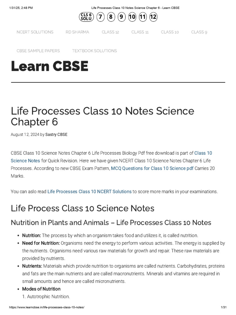 Life Processes Class 10 Notes Science Chapter 6 - Learn CBSE | PDF ...
