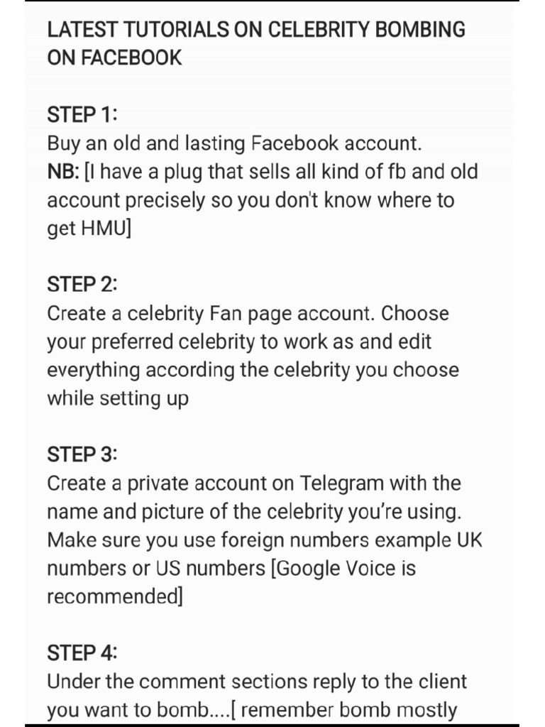 Tutorial On Celebrity Bombing On Facebook (PSNT) | PDF