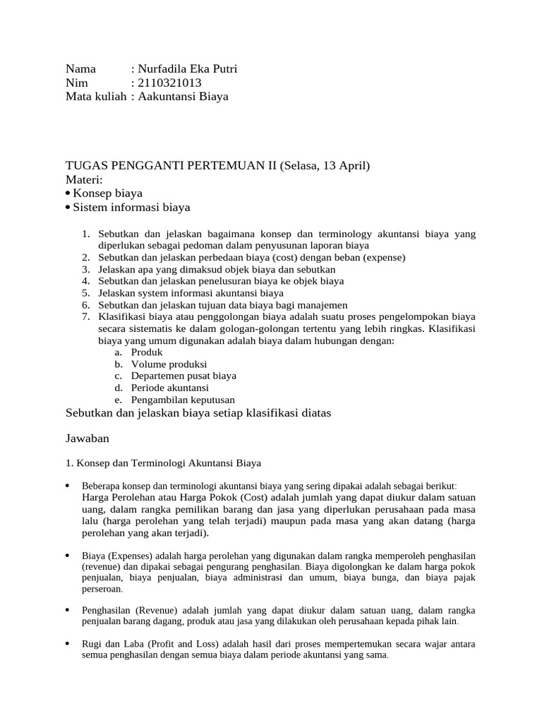 Tugas Pertemuaan II - Nurfadila Eka Putri - 2110321013 | PDF