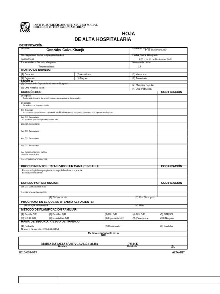 Hoja de Alta Hospitalaria IMSS | PDF | Hospital | Medicina