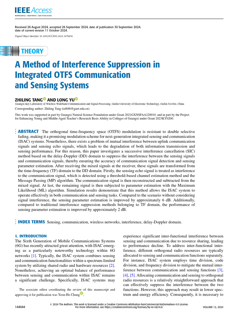 A Method of Interference Suppression in Integrated OTFS Communication and Sensing Systems | PDF ...