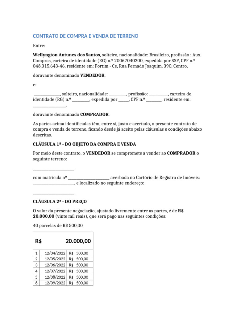 Modelo de Contrato de Compra e Venda de Terreno Simples para Word para Preencher Personalizavel ...