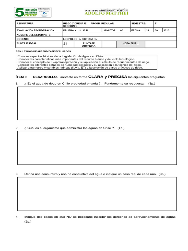Prueba 1 Ryd Iea Pr 2020 Sec 1. | PDF | Evapotranspiración | Riego