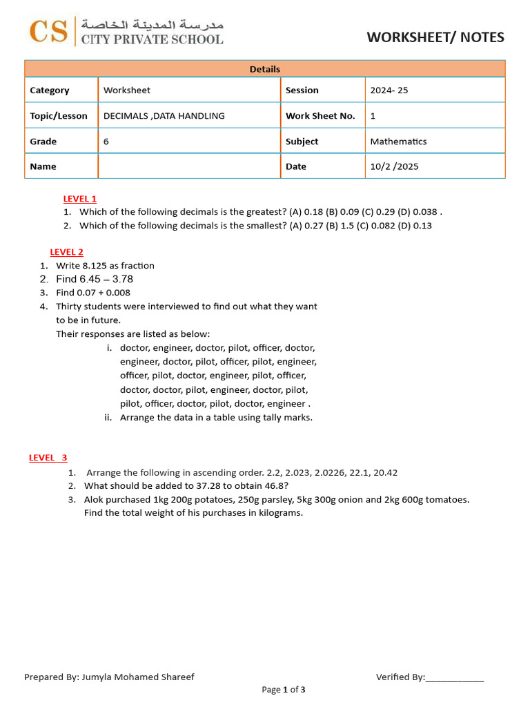 Grade 6 Math Worksheet: Decimals & Fractions | PDF