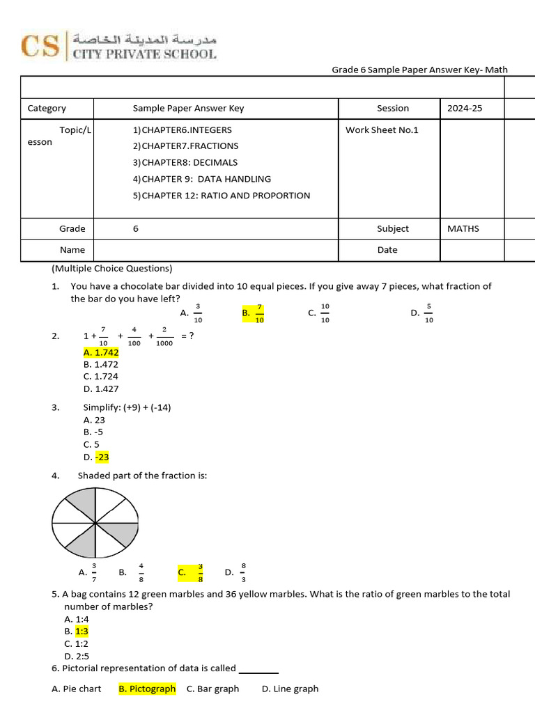 Grade 6 Math Answer Key 2024-25 | PDF | Numbers | Mathematics
