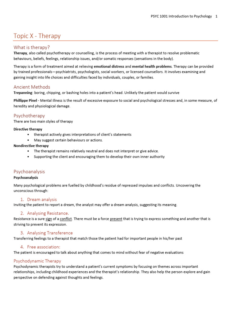 Topic 10 - Therapy Lecture Notes | PDF | Psychotherapy | Psychoanalysis