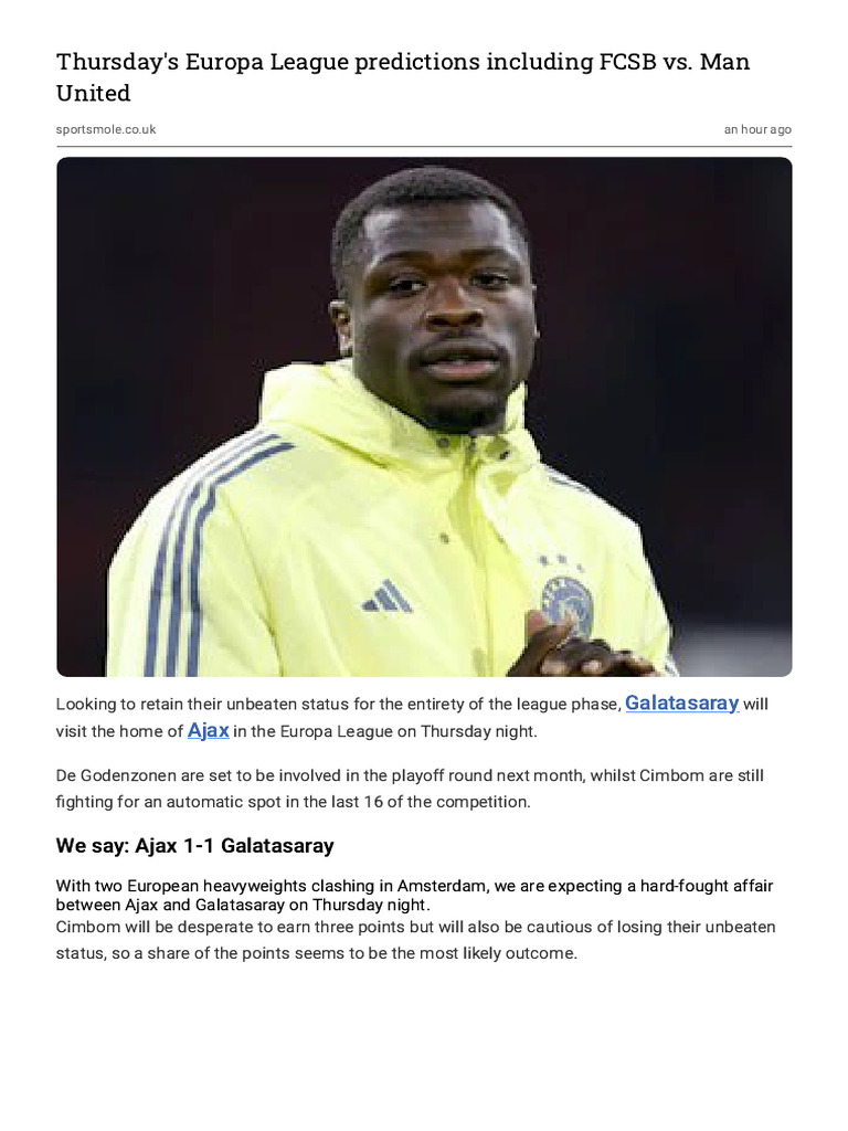 Thursday's Europa League predictions including FCSB vs. Man Unit | PDF | Uefa Champions League ...