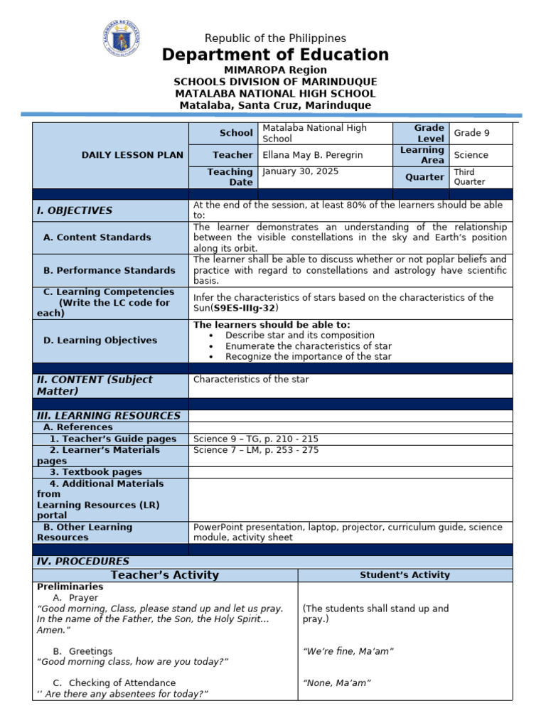 Grade 9 Science Daily Lesson Plan: Stars | PDF | Stars | Apparent Magnitude