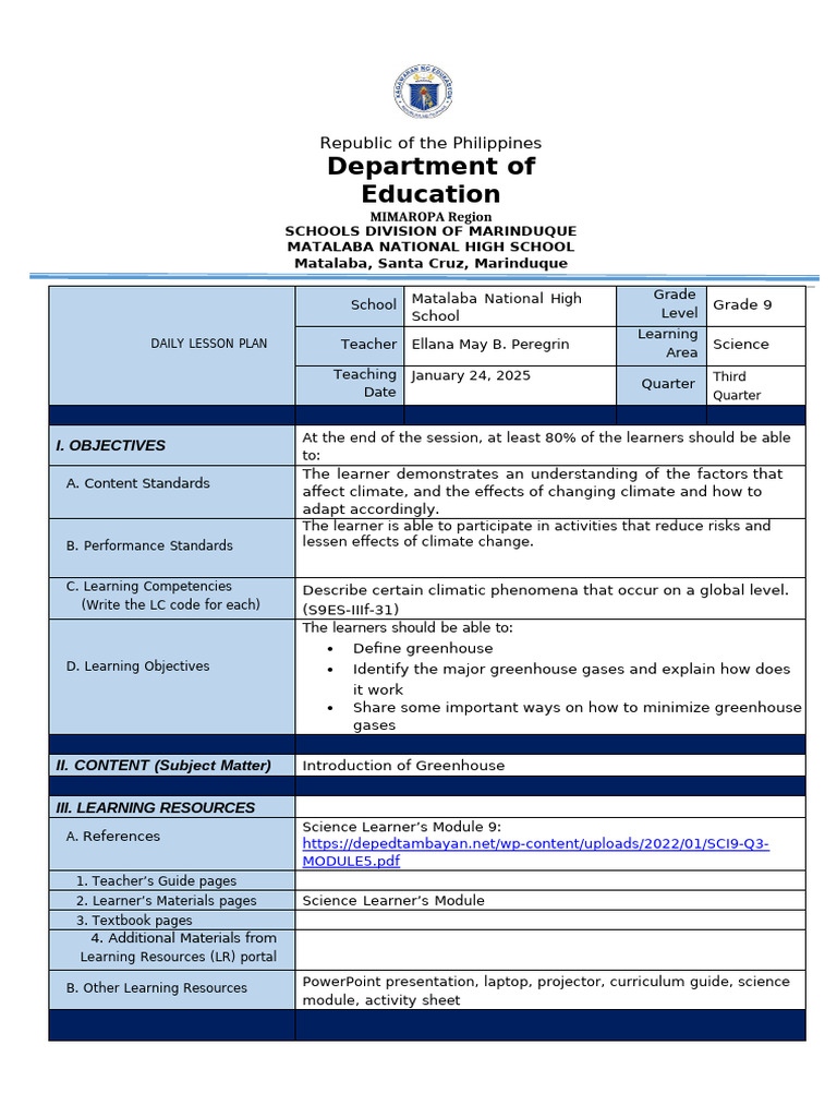 Grade 9 Science Lesson Plan: Greenhouse Effects | PDF | Greenhouse ...