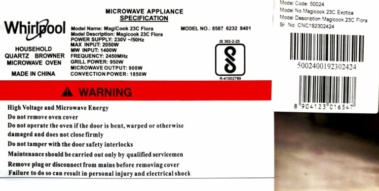 Magicook 23C Flora Microwave Specs | PDF