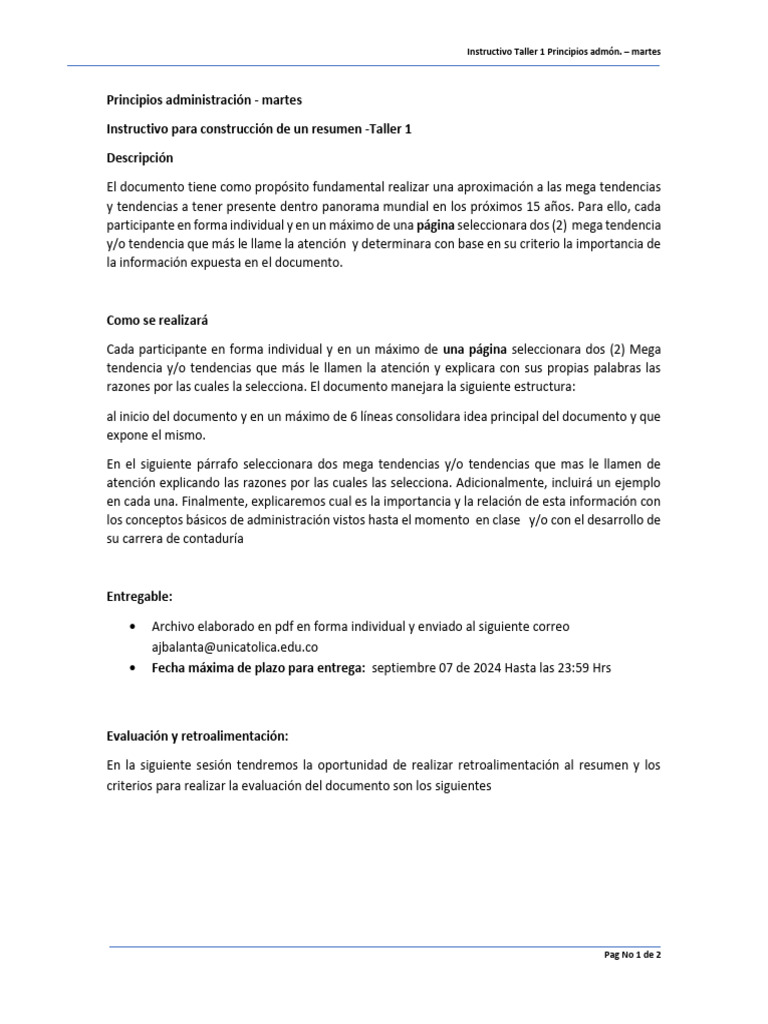 Instructivo Entregable T1 Principios Admon | PDF