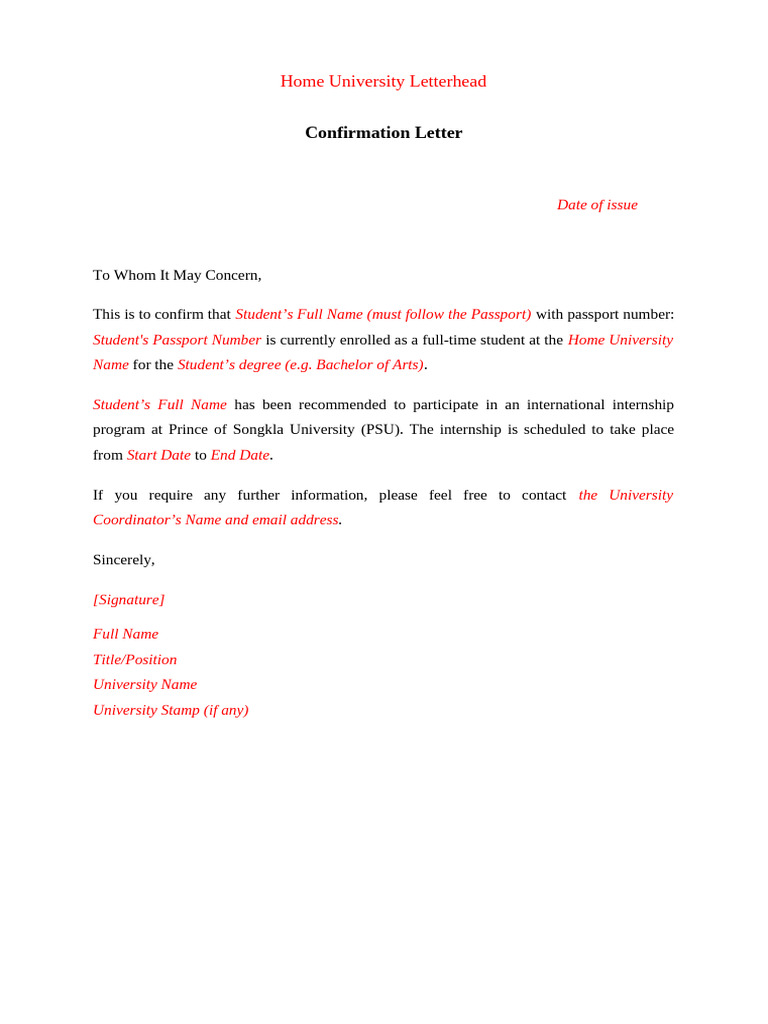 University Confirmation Letter for Internship | PDF
