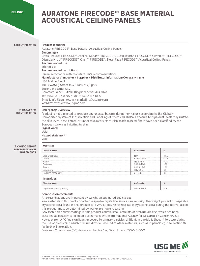 Auratone Firecode Base Material Acoustical Ceiling Panels Sds ct-sds007-2 | PDF | Silicon ...