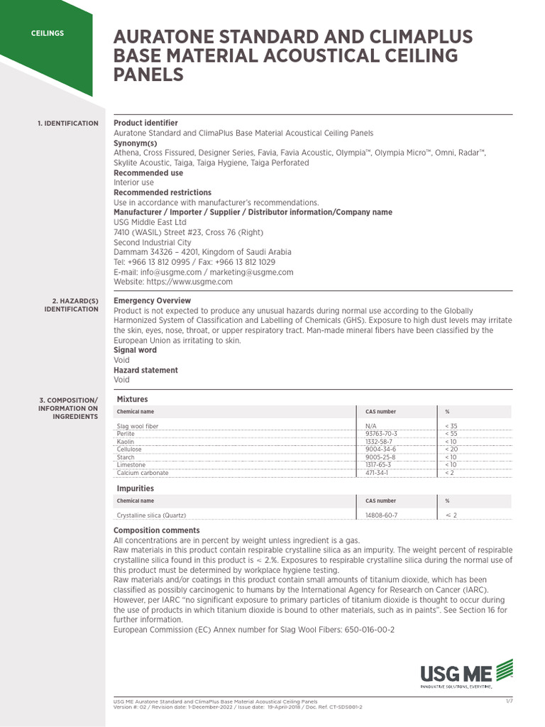 Auratone Standard and Climaplus Base Material Acoustical Ceiling Panels Sds ct-sds-001-2 | PDF ...