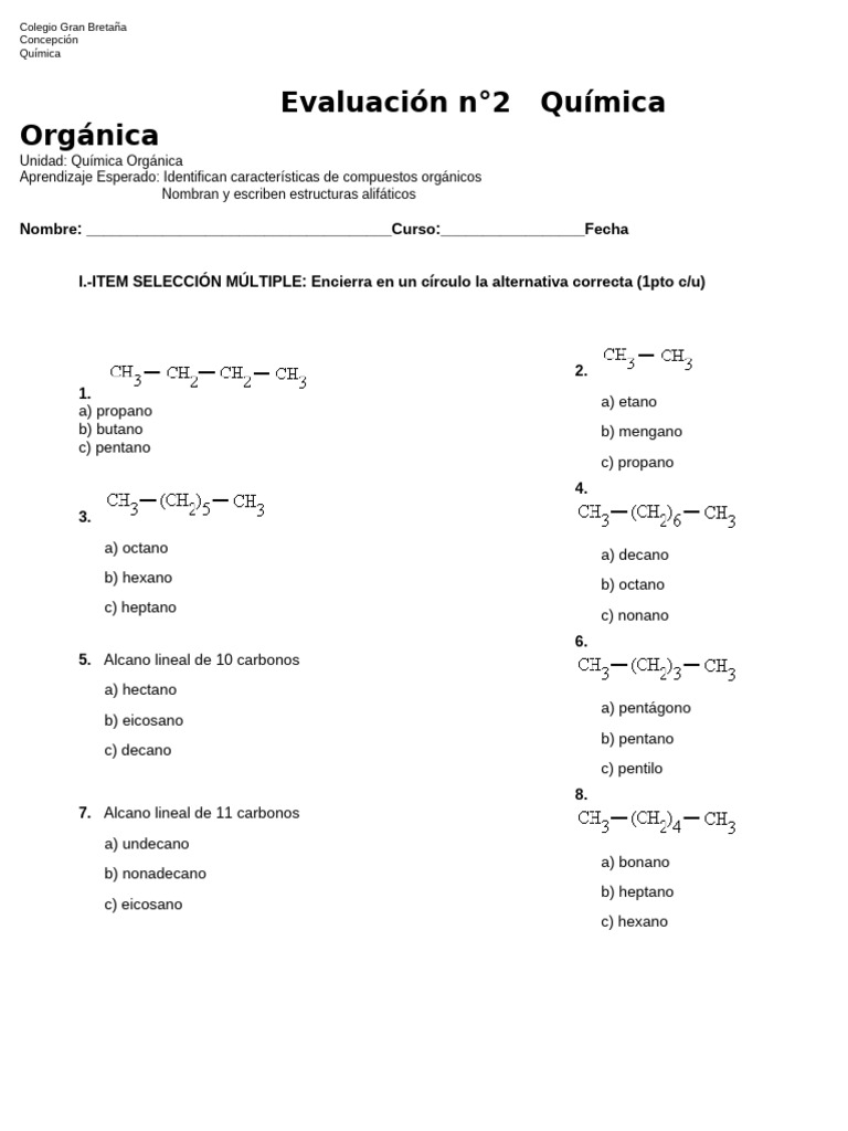 Prueba 2 2° Medio Organica 2023 | PDF | Alcano | Enlace químico