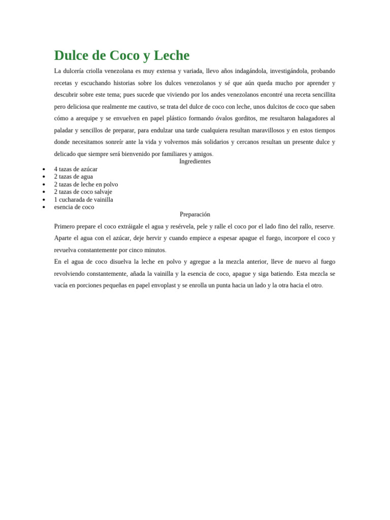 Dulce de Coco y Leche | PDF | Cocina occidental | Cocina