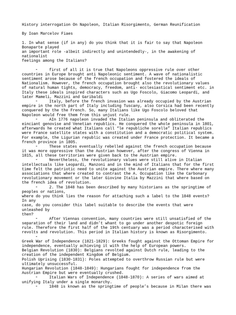 History Interrogation On Napoleon, Italian Risorgimento, German Reunification Ioan Marcelov ...
