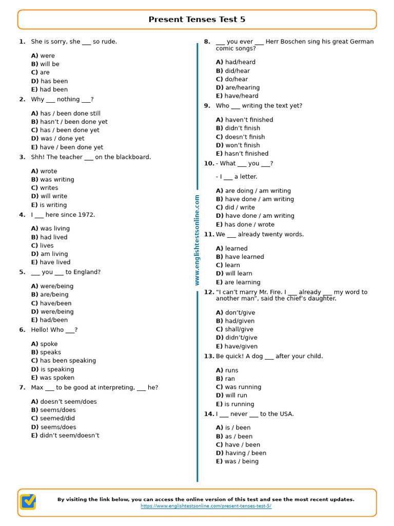 Present Tenses Practice Test | PDF
