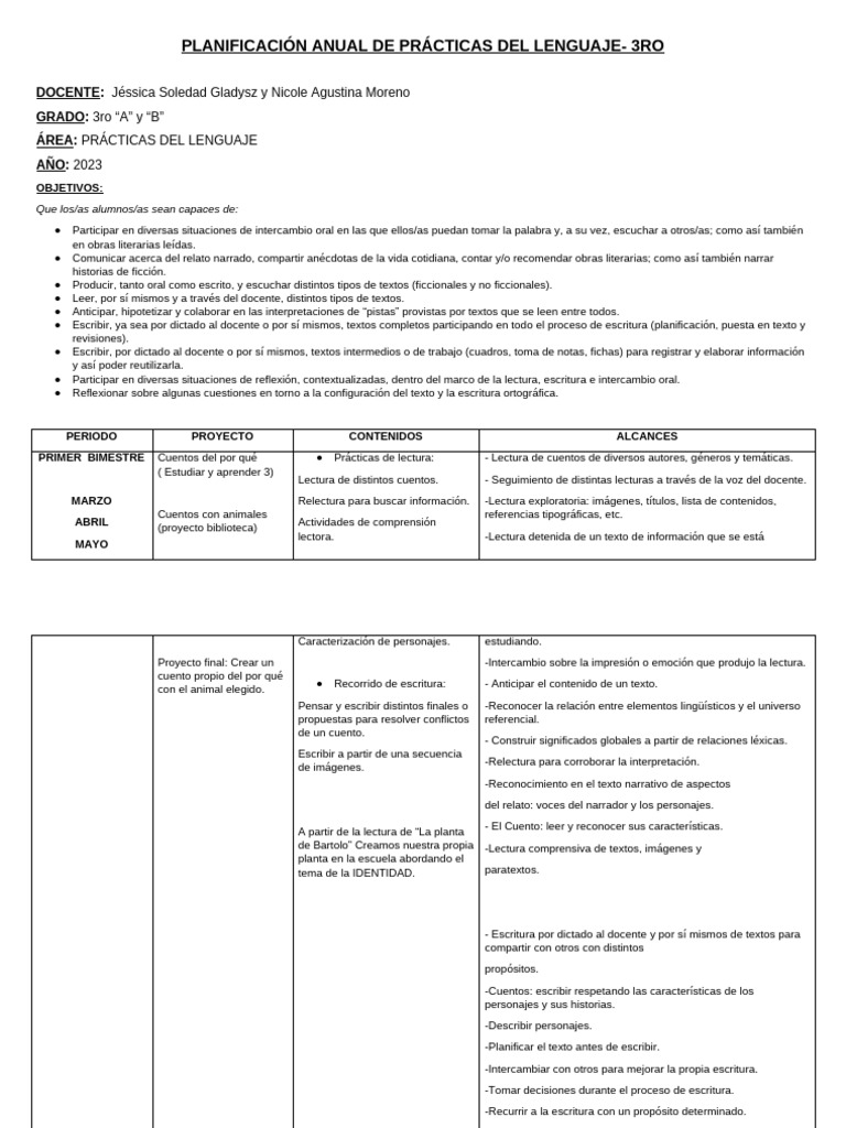 Planificación Anual Prácticas Del Lenguaje | PDF | Comunicación humana ...