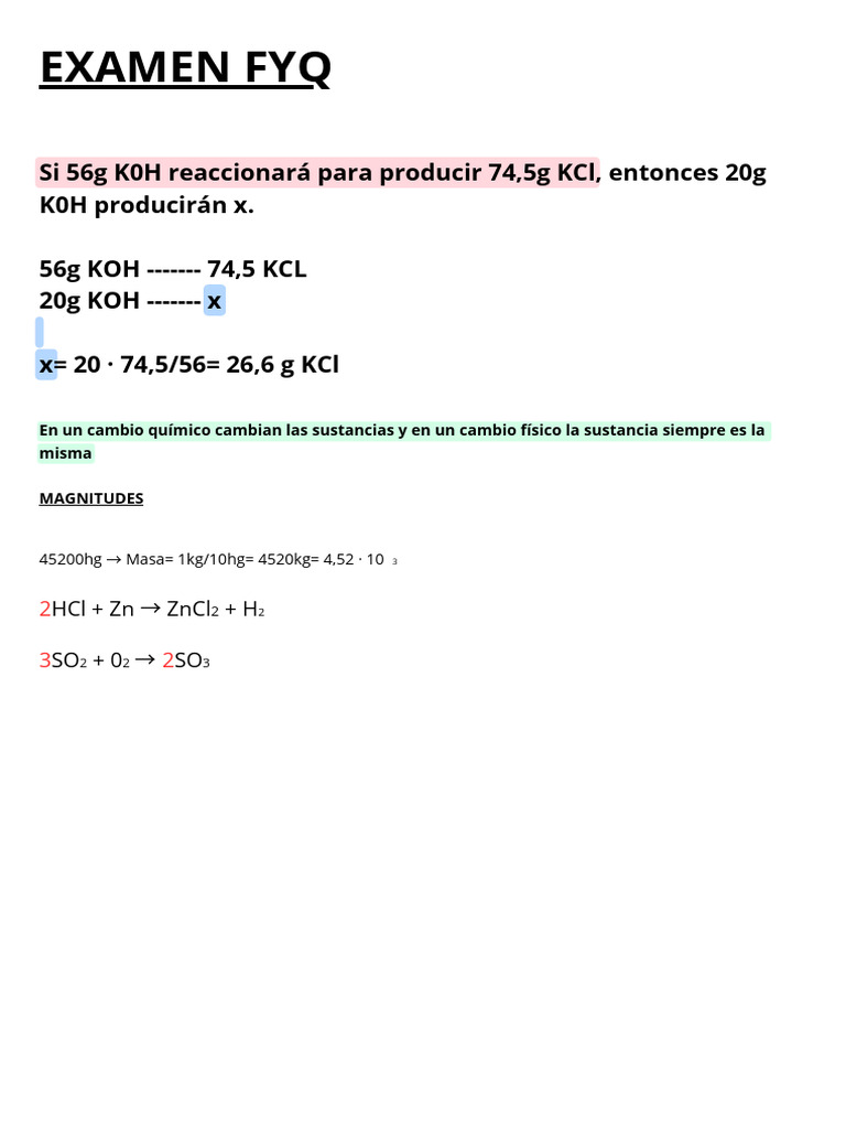 EXAMEN FYQ Si 56g K0H Reaccionará Para Producir 74,5g KCl, Entonces 20g K0H Producirán x. | PDF