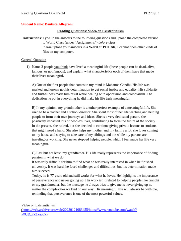 Reading Questions 17 Existentialism Video | PDF | Existentialism ...