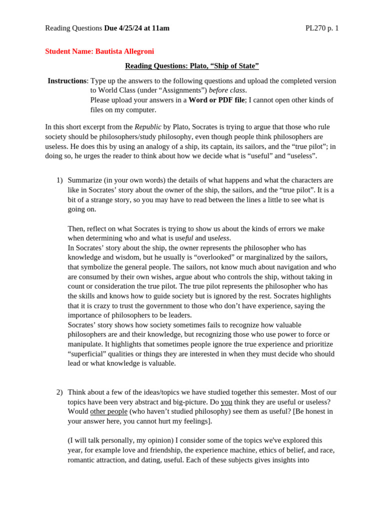 Reading Questions 23 Plato Ship of State | PDF | Socrates | Knowledge